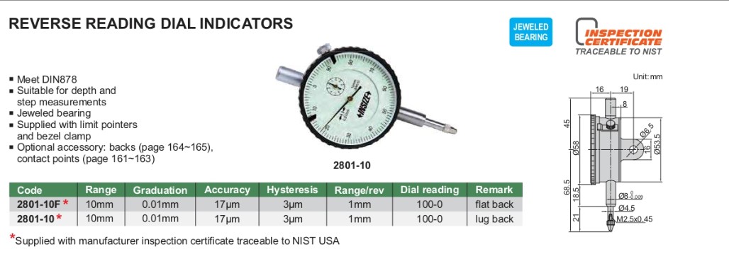 REVERSE READING DIAL INDICATOR flat back รุ่น 2801 | iNTERTOOL Shop