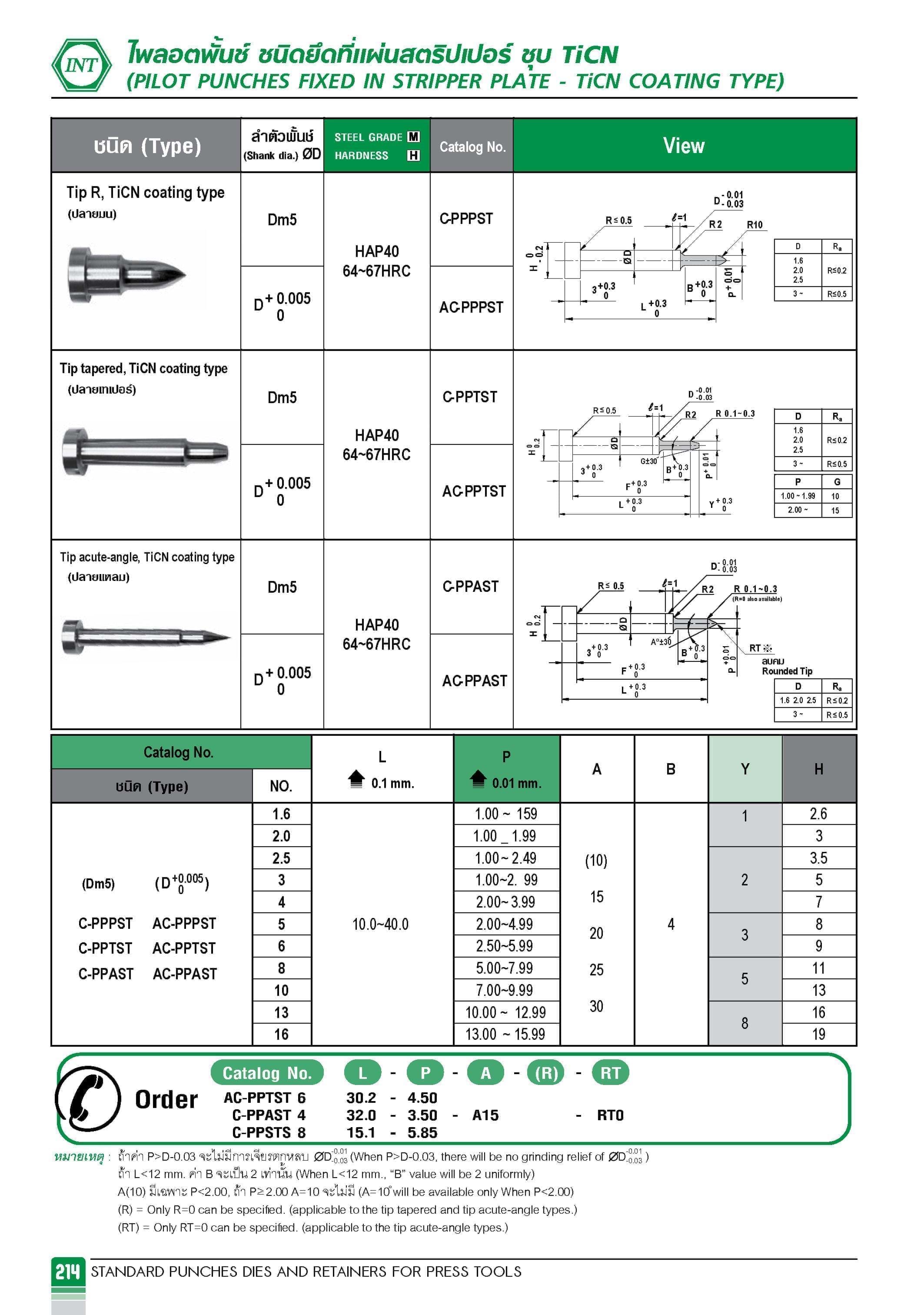 ไพลอตพั้นช์ ชนิดยึดที่แผ่นสตริปเปอร์ ชุบ TiCN INT พั้นช์ชุบ | Intertool technologies co.,ltd.